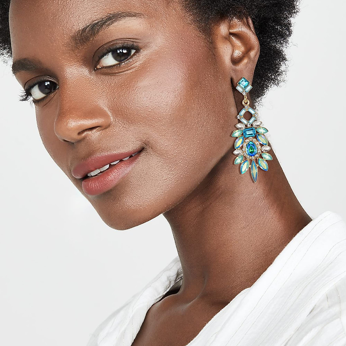 BriLove Art Deco Rhinestone Marquise Emerald Cut Rectangle Geometric Statement Earrings for Women Iridescent Blue Gold-tone