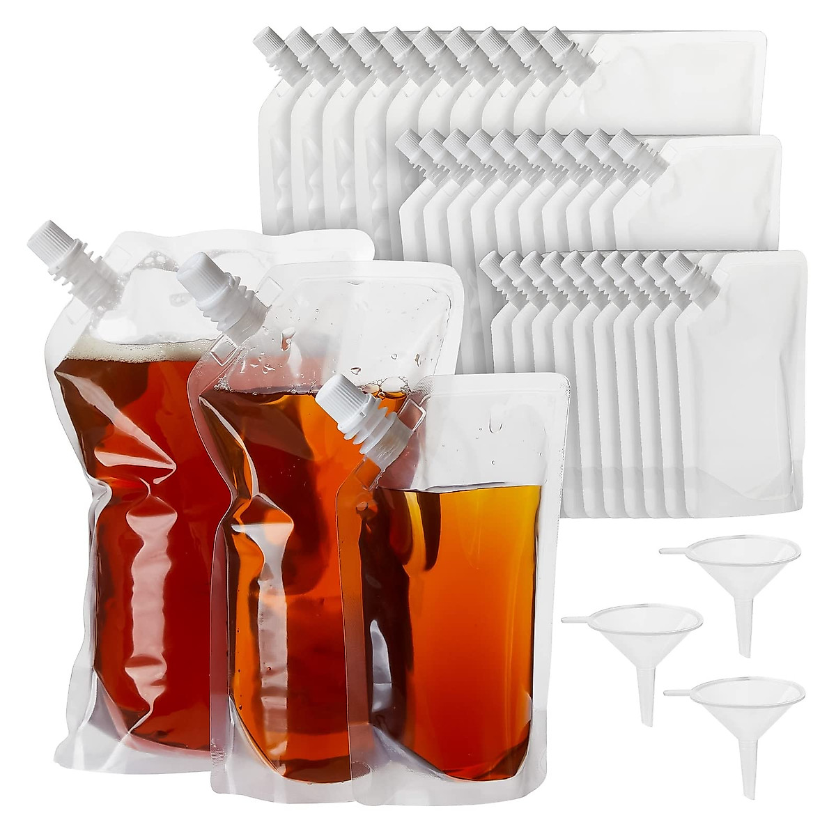 Stockroom Plus 30 Pack Reusable Adult Plastic Drink Pouches with Funnels for Juice, Soda, Liquor (8, 16, 32 Ounces)