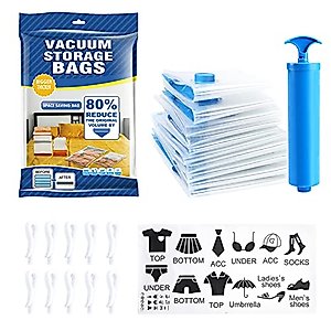 10 Pack Vacuum Storage Bags Double-Zip Seal - 80% More Space Saver Bags for Clothes, Blankets, Pillows - Vacuum Bags with Hand-Pump for Travel (1 Jumbo, 3 Large, 3 Medium, 3 Small)