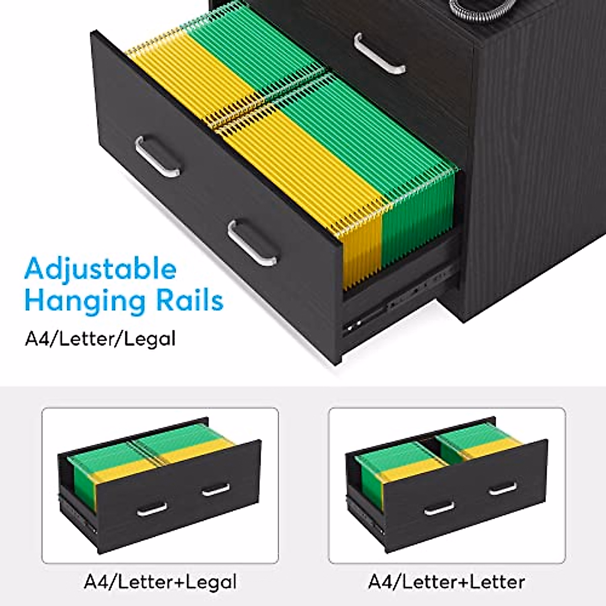 LITTLE TREE Lateral File Cabinet with 2 Drawers, 31.5 Inches Large Filing Cabinet for Hanging Letter/Legal/F4/A4 Size Files with Lock, Home Office, Black