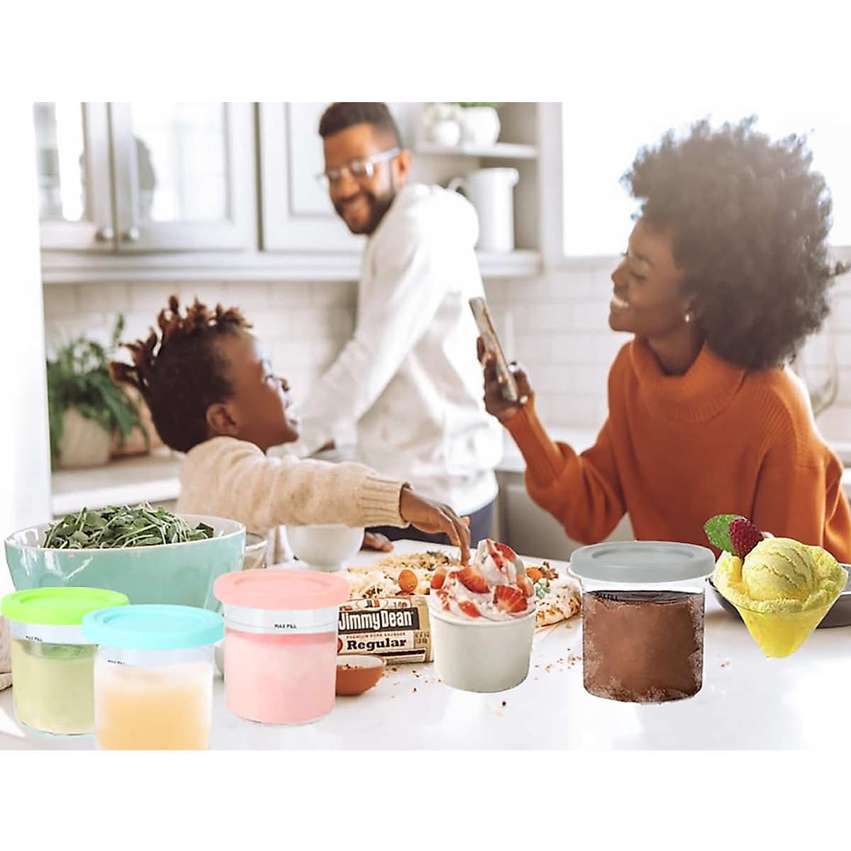 Deelink Ice Cream Containers Replacement for Ninja Creami Pints and Lids 16oz Compatible with NC300 NC301 NC299AMZ BPA-Free Dishwasher Safe Airtight Leaf-Proof Pack of 4 Pink Green Blue Grey