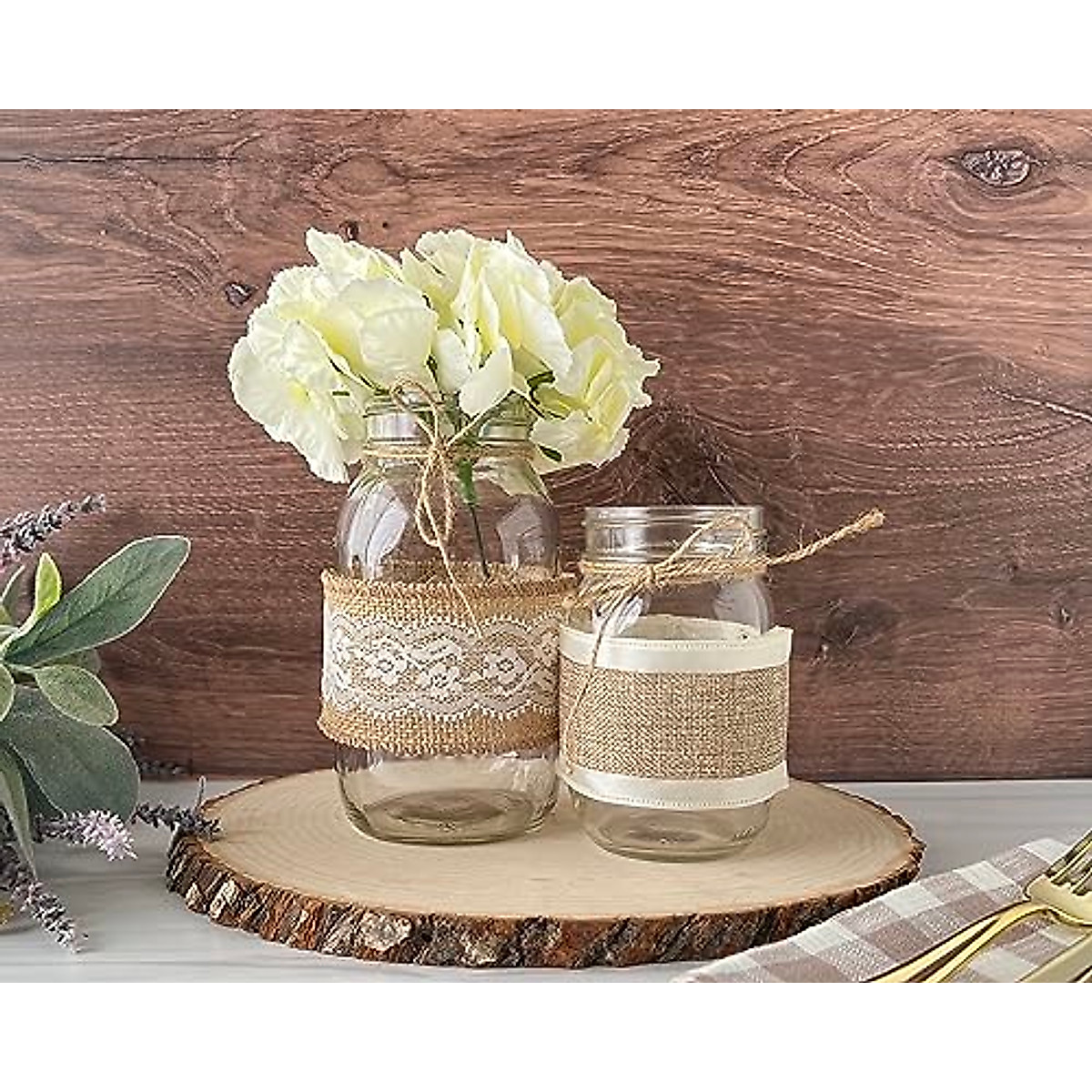 Set of 12 Burlap and Lace Sleeves for Mason Jars, Sleeves and Twine ONLY, Jars NOT Included, Burlap Mason Jar Wraps, Country Chic Wedding Centerpiece Decor for Tables, Mason Jar Centerpiece