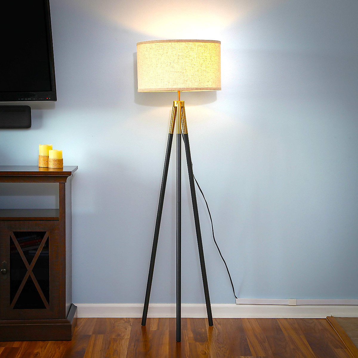 Brightech Levi LED Floor Lamp, Great Living Room/Farmhouse Décor, Black-and-Gold Tripod Lamp for Living Rooms & Offices, Tall Lamp with LED Bulbs, Standing Lamp for Bedroom Reading
