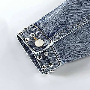 Women's Fashion Cropped Jean Jacket Lapel Long Sleeve Button Down Studded Short Rivet Denim Jacket Coat