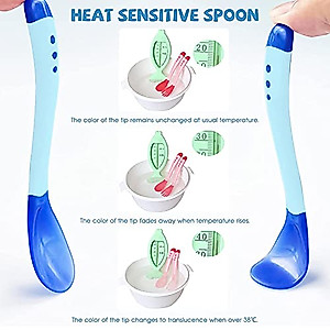 RyanLemon 8Pcs Silicone Baby Feeding Set - Baby Led Weaning Supplies - Baby Mash and Serve Bowls with Suction, Silicone Bib & Heat Senstive Feeding Spoons, Blue