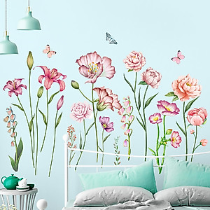 Amaonm Removable Fresh Flower and Flying Butterfly Dragonfly Wall Sticker Blue Pink Lily Poppy Peony Floral Wall Decal DIY Peel and Stick Grass Plants Wall Decor for Girls Baby Bedroom Nursery Living