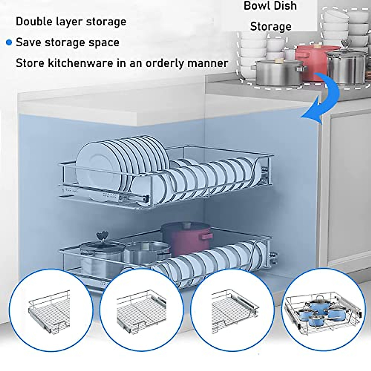MYOYAY 2Pcs Pull Out Cabinet Organizer Bowls Dishes Storage Shelf Extendable Sliding Kitchen Drawer Heavy Duty Seasoning Cutlery Cookware Storing Basket Home Dining Organization