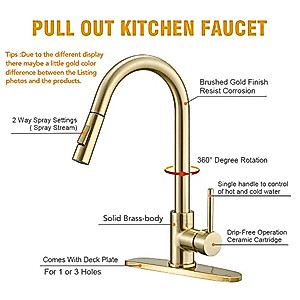 BESy Gold Single Handle Kitchen Sink Faucet with Pull Out Sprayer,Rv Kitchen Faucet with Pull Down Sprayer, 2 Function Laundry Faucet, Brass/Brushed Gold(1 or 3 Hole Mount)