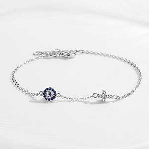 TONGZHE Blue Evil Eye Cross Link Bracelet in Sterling Silver 925 with CZ Adjustable 6.2"/6.6"/7" Cable Chain