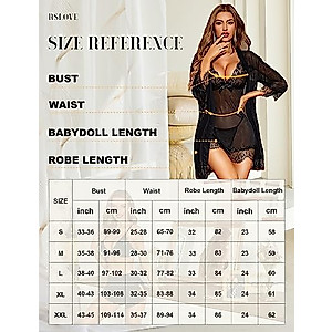 RSLOVE Women Sexy Lingerie Set 3 Piece Babydoll & Lace Kimono Robe Strap Chemise Sleepwear Mesh Nightgown Black M