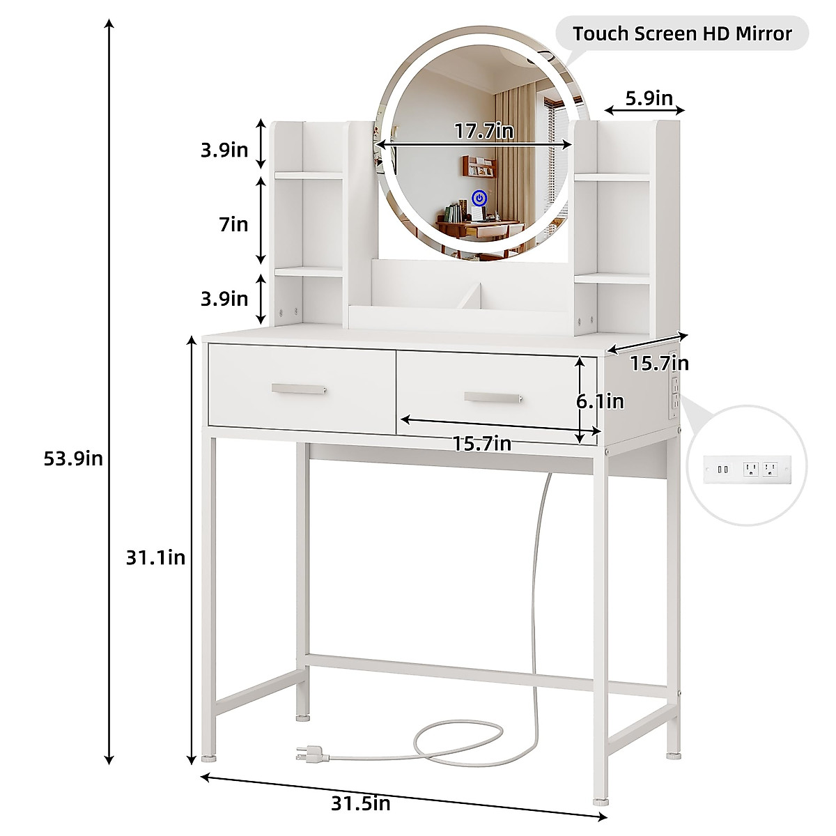 HDDDZSW Vanity Desk with Mirror and Lights, Make up Vanity Desk with Charging Station and 2 Drawers, Dressing Table with 3-Lighting-Modes Makeup Mirror, White Vanity Makeup Table for Bedroom