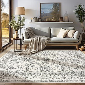 Area Rug Living Room Rugs - 8x10 Large Machine Washable Soft Farmhouse Boho Moroccan Floral Thin Rug Indoor Floor Carpet for Bedroom Under Dining Table Home Office Decor - Grey