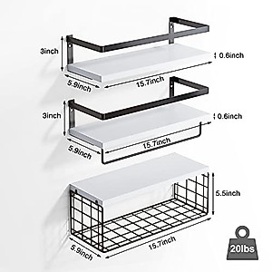 Fixwal 3+1 Tier Wall Mounted Floating Shelves with Metal Frame, Rustic Wood Bathroom Shelves Over Toilet with Wire Storage Basket and Towel Bar for Bathroom, Kitchen, Bedroom (White)