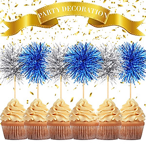 Chinco 100 Pcs Foil Firework Cupcake Toppers Sparkle Tinsel Cake Toppers Cake Decoration Cocktail Fruit Toothpick for Birthday Wedding Graduation Party(Silver, Blue)