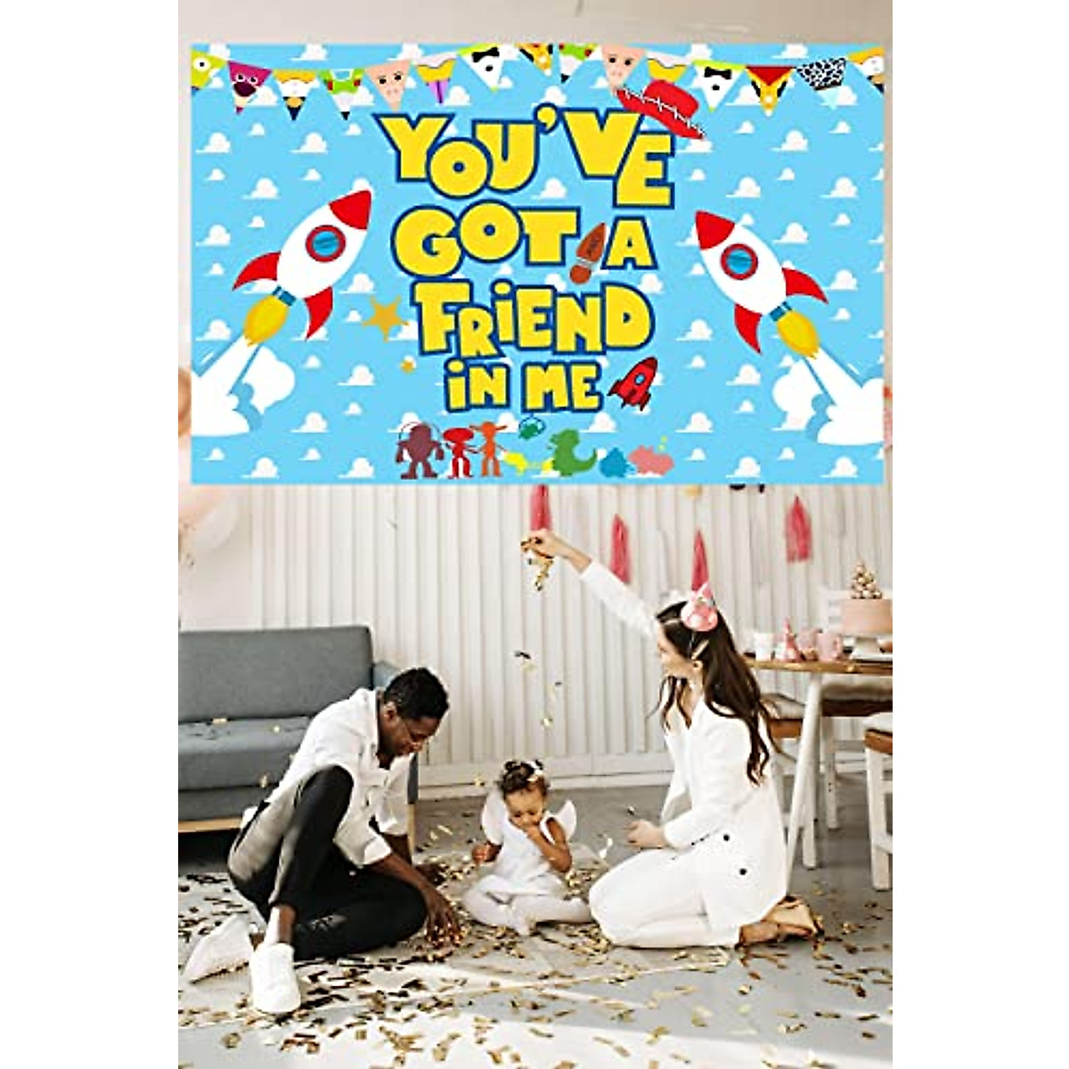 Toy Inspired Story Backdrop Blue Sky White Clouds Backdrops You've Got A Friend in Me Cartoon Story Backdrop for Boys Girls Bday Party Supplies Decorations Background-5x3.3ft