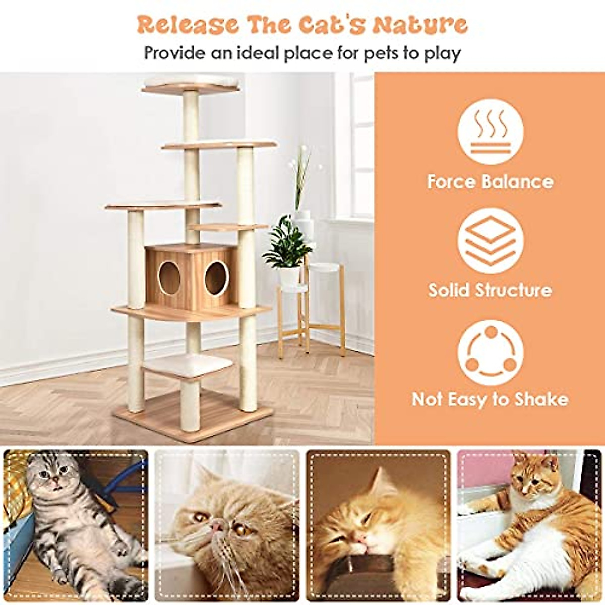 Tangkula Modern Wood Cat Tree, 69-Inch Cat Tower with Multi-Layer Platform, Tall Cat Tree with Sisal Rope Scratching Posts, Cat Condo Furniture w/Washable Plush Cushions for Large Cats Kittens