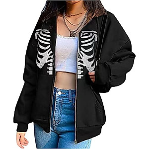 Lausiuoe Women Zip Up Hoodie Casual Long Sleeve Y2K Goth Skeleton Printed Graphic Hoodies Sweatshirts Oversized Jacket