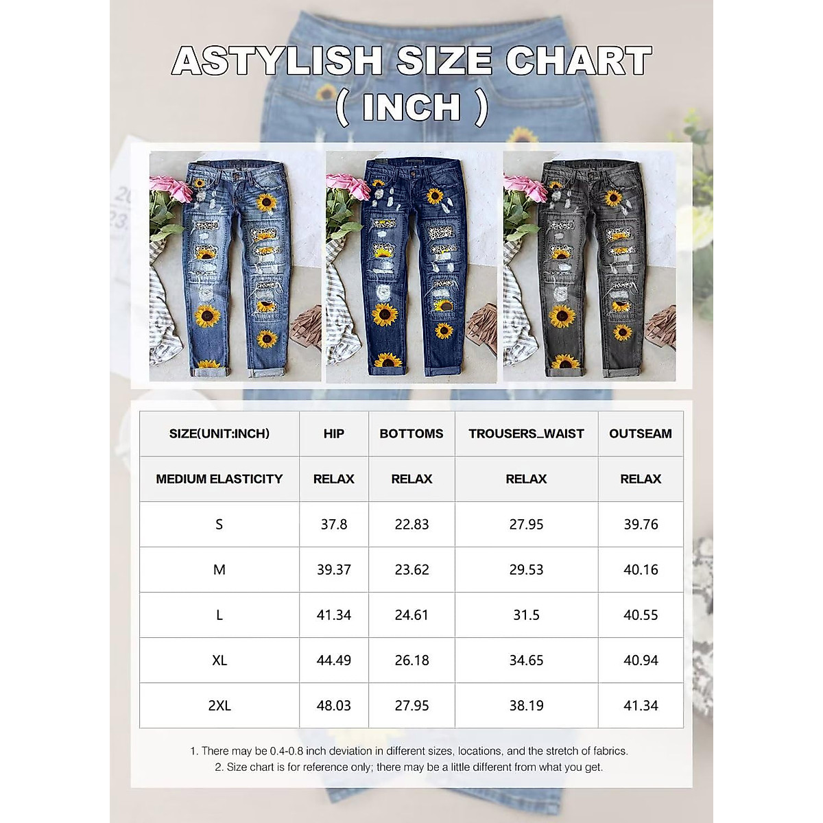 Astylish Women Stylish Destroyed Raw Hem Stretchy Mid Rise Jeans Distressed Boyfriend Ripped Hole Ankle Sunflower Denim Pants Large