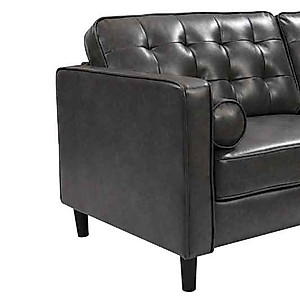 ATY 3-Seater Leather Sofa with Two Bolster Pillows and Tufted Backrest, Mid-Century Modern Couch, Luxury Style for Apartment, Meetingroom, Livingroom, 85inch, Dark Gray