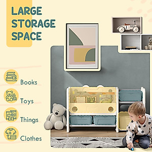 Qaba Kids Toy Storage, 2 Tier Toy Organizer with 4 Storage Boxes & Bookshelves for Kids Room, Nursery, Playroom, Cream White