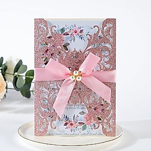Maffily Glitter Laser Cut Wedding Invitations With Envelopes And Rsvp Cards Blank Inner Sheet Pink Gold Wedding Invitation Personalized 25Pcs For Engagement Quinceanera Bridal Baby Shower Birthday