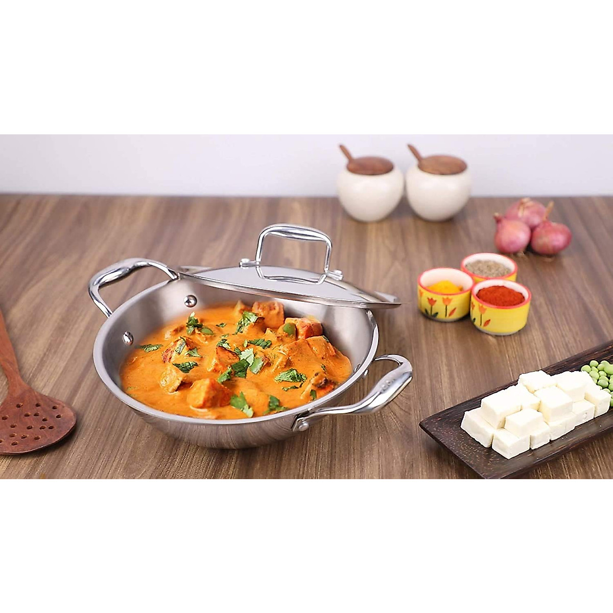 Vinod Cookware Food Grade 3.7 Litre Induction Friendly Platinum (TRI PLY) 18/8 Stainless Steel Kadai with Stainless Steel Lid (28cm, 3.7 Litre)