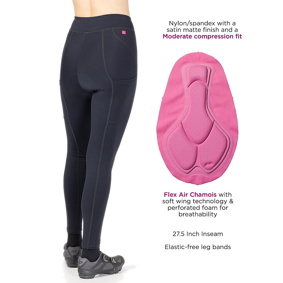 Terry Cycling Bike Pants For Women With Padding, Wayfarer Tight 27.5" High Waisted Padded Leggings For Women With Pockets - Onyx, Small