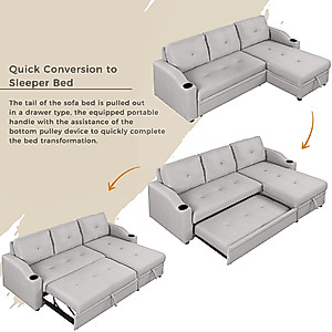 Merax 81inch Reversible Sleeper Sectional Sofa with Storage and 2 Cup Holder -Contemporary Corner Sectional with Pull-Out Sleeper and Chaise,3 Seat Sectional Sofa with Storage