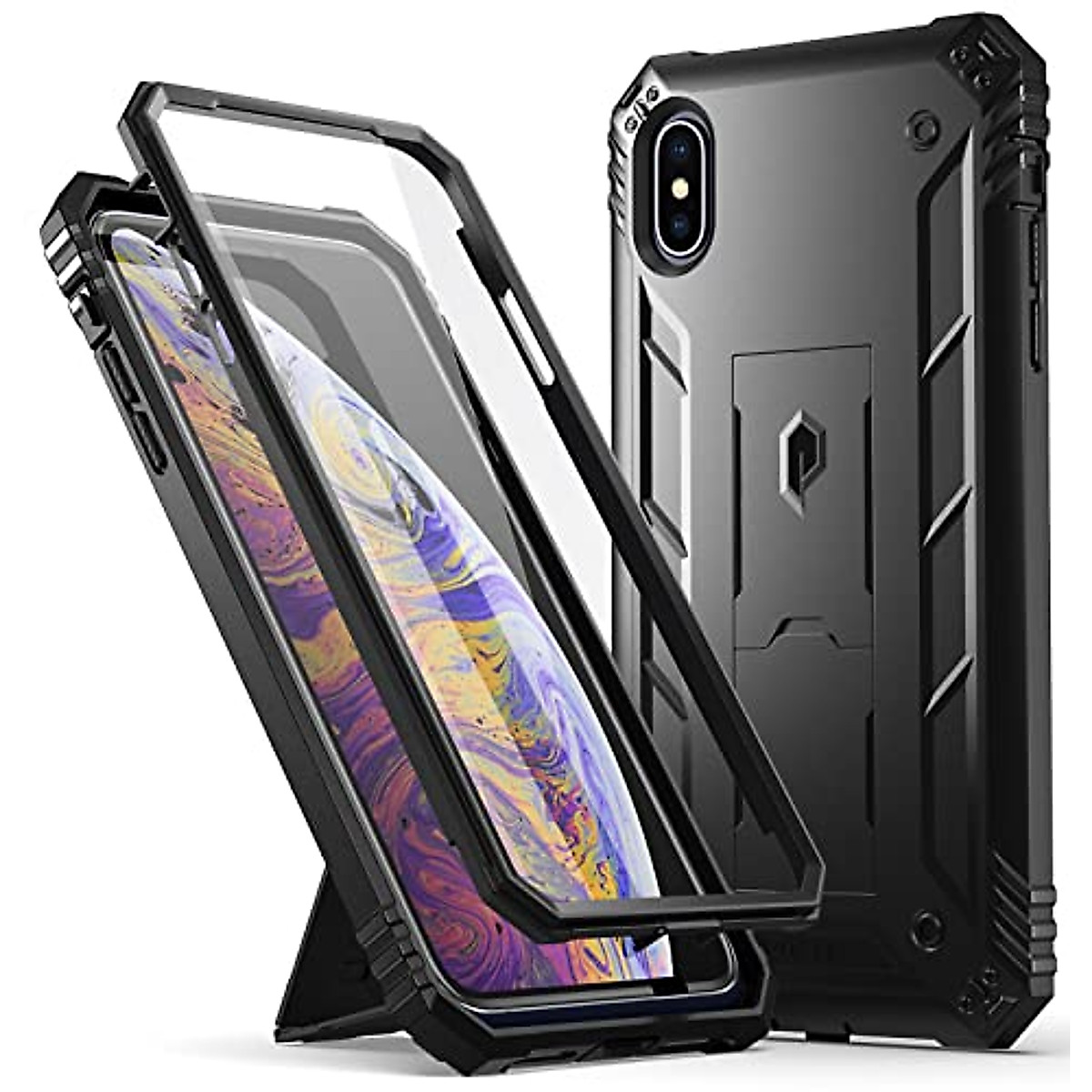 Poetic Revolution Series Case for iPhone Xs Max 6.5 inch, Full-Body Rugged Dual-Layer Shockproof Protective Cover with Kickstand and Built-in-Screen Protector, Black