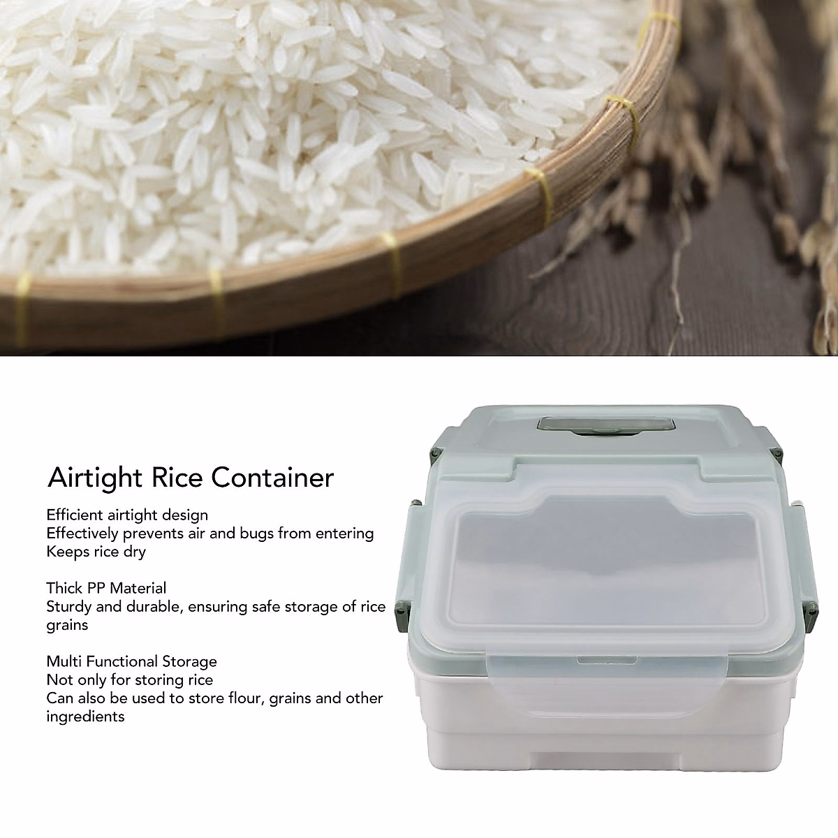 Mumusuki Large Capacity Rice Container Airtight Storage with Easy Open Lid Mint Green PP Material Multi Functional Grain Storage, for Home and Commercial Kitchens (10kg / 22lb)