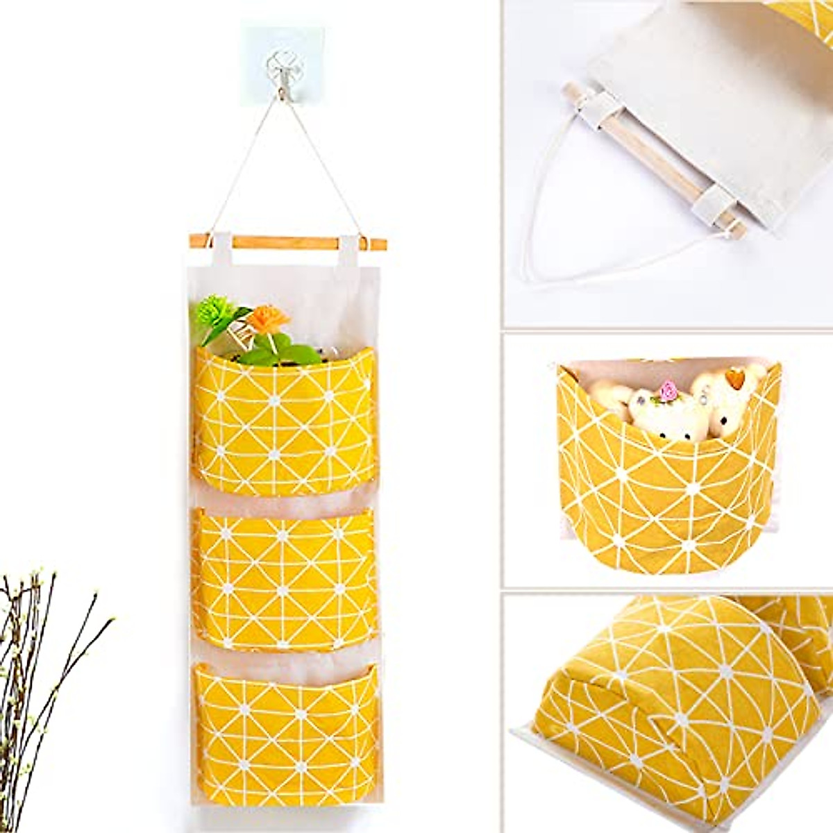 LANNEAS Wall Hanging Storage Bag with 3 Pockets,Over The Door Organizer Waterproof Linen,Sturdy Hanging Storage Pouches 3packs