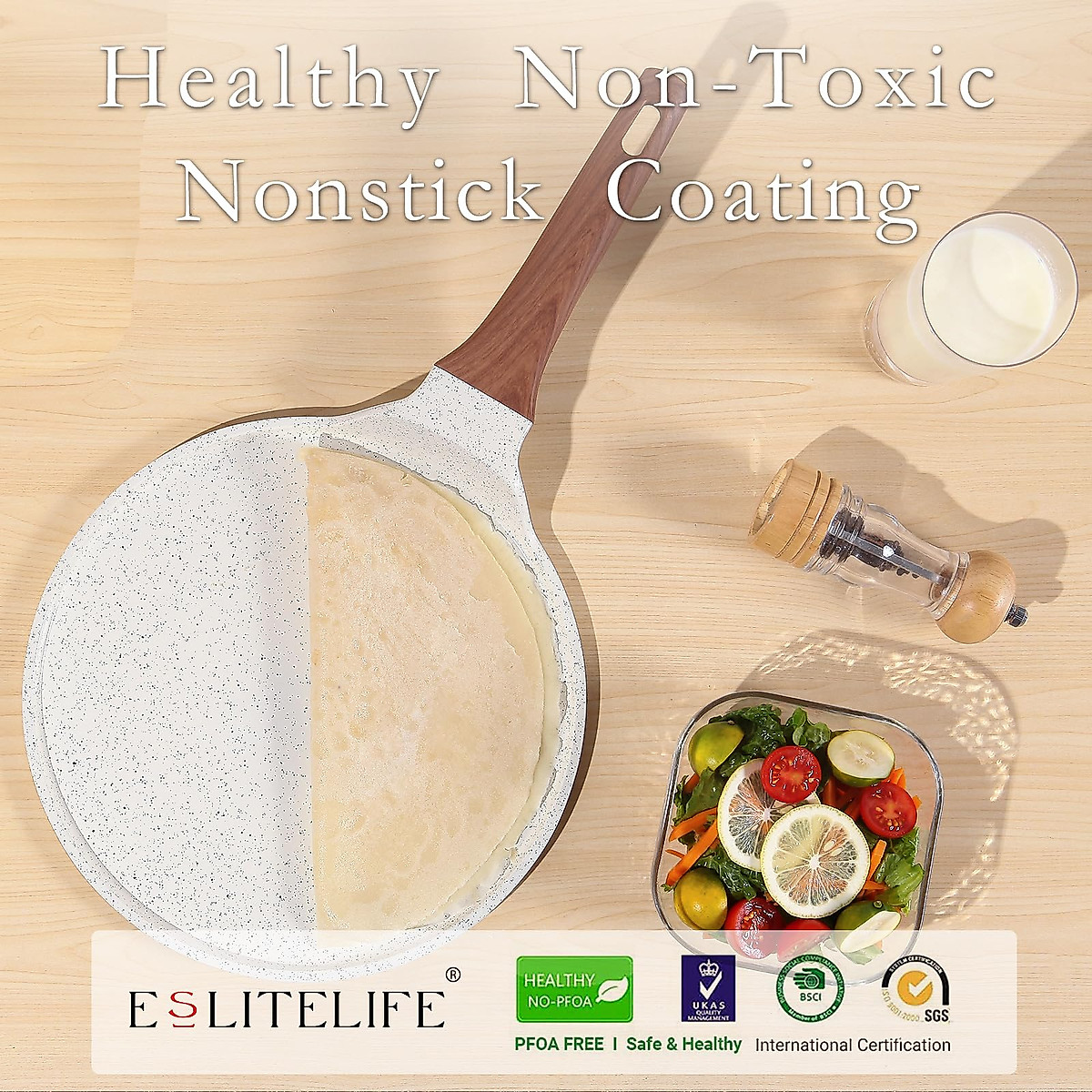 ESLITE LIFE Crepe Pan with Spreader, Nonstick Ceramic Coating Flat Skillet Tawa Dosa Tortilla Pan, PFOA Free (White, 11" w/spreader)