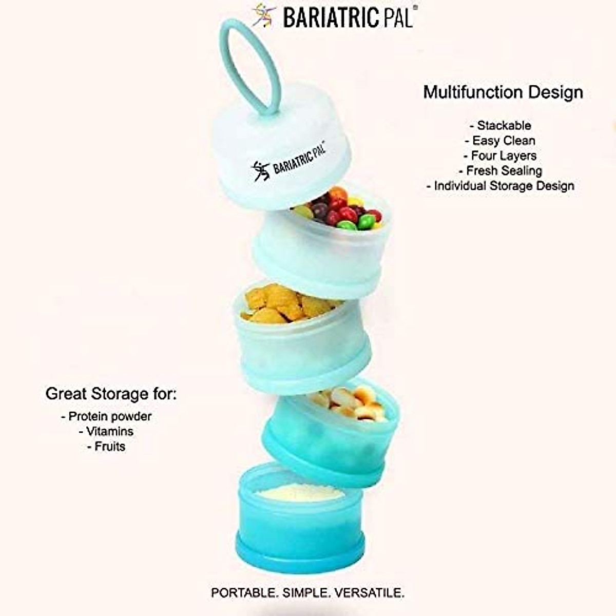 4 Compartment Detachable, Stackable, and Portion Controlled Food & Powder Storage Containers by BariatricPal (Blue-Teal)
