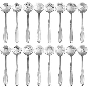 16 Pieces Tea Spoon Coffee Teaspoon Set, PBIEHSR Stainless Steel Flower Spoons for Stirring Drink Mixing Milkshake Jam