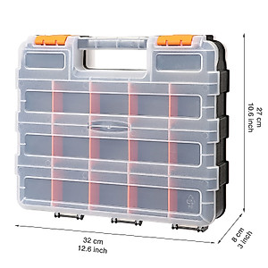 CASOMAN Double Side Tool Organizer with Impact Resistant Polymer and Customizable Removable Plastic Dividers, Hardware Box Storage, Excellent for Screws,Nuts,Small Parts, 34-Compartment, Black/Orange