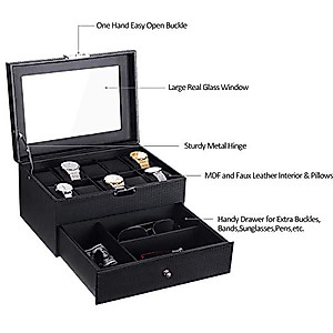 BEWISHOME Watch Box Organizer with Valet Drawer - Real Glass Top, Metal Hinge, Large Holder, Black Carbon Fiber Faux Leather - 10 Slots Watch Storage Case Jewelry Box for Men SSH14C