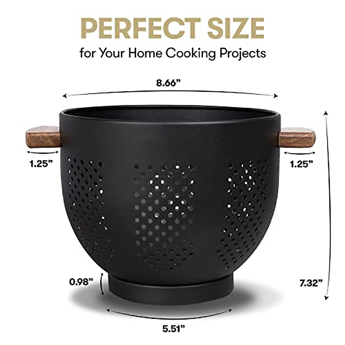 Stainless Steel Colander with Wood Handle | Metal Food Strainer for Washing Pasta Vegetables Fruit Noodles Spaghetti and More | Premium Colanders & Food Strainer | 5.5 Quart Large Matte Black