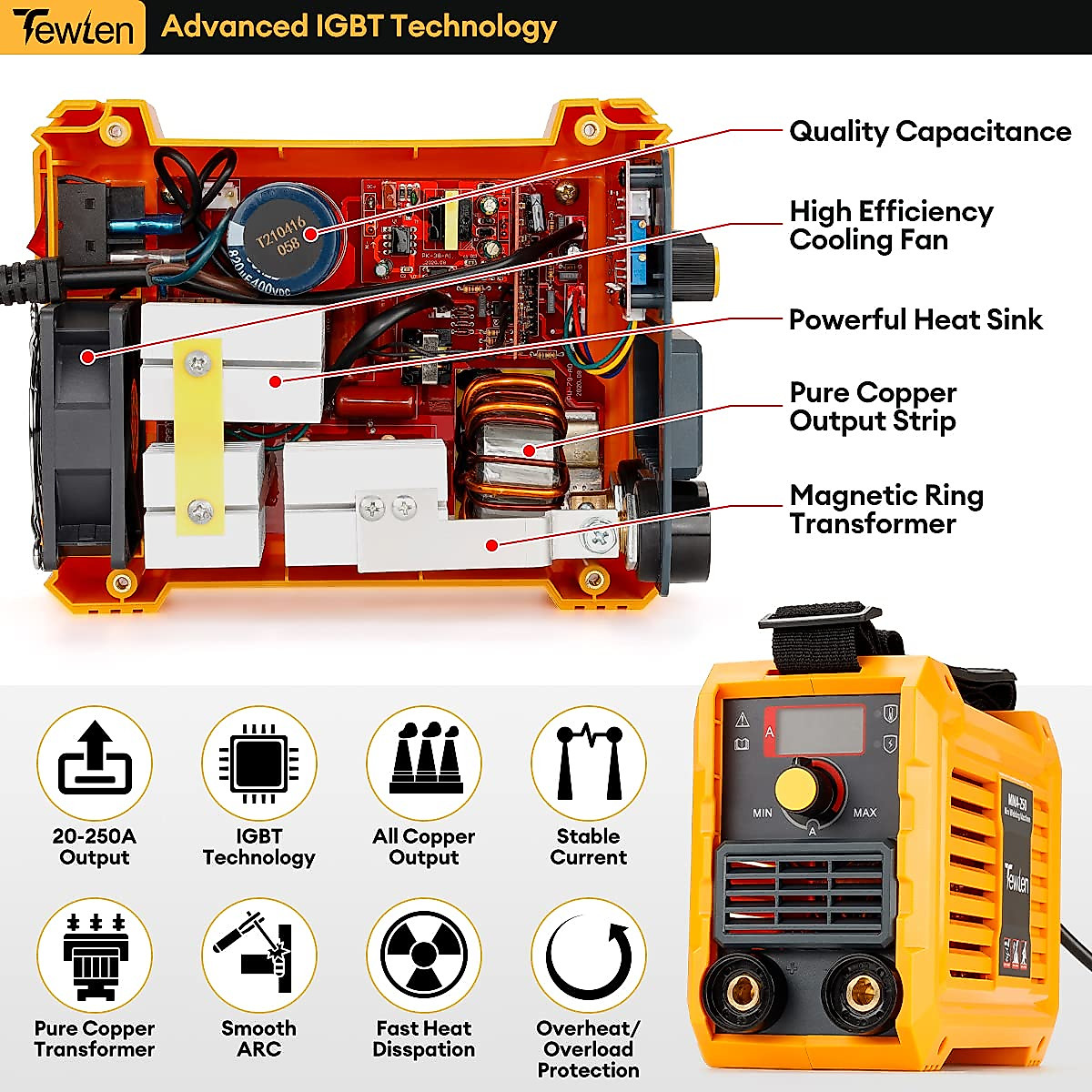 250Amp MMA Welder, TEWLEN ARC Welding Machine Kit, Portable 110V IGBT Digital Display LCD Hot Start Welder Electric Welder Machine with Electrode Holder,Earth Clamp,Mask,Brush,Welding Rods,Gloves
