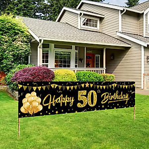 Happy 50th Birthday Banner Decorations, Black Gold 50 Birthday Sign Party Supplies for Men Women, Fifty Birthday Decor Photo Booth Props for Outdoor Indoor