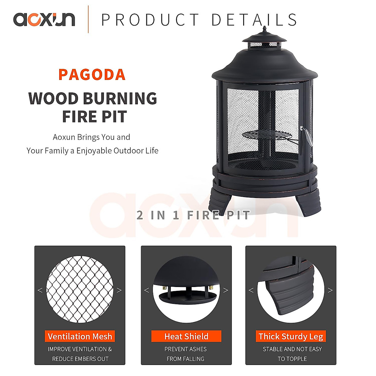 Aoxun Fire Pit Chiminea, 2 in 1 Fire Pit for Outdoor, 28'' x 45'' Large Chiminea Fireplace with Mesh Spark Screen Doors, Outside Wood Burning Fire Pit for Patio, Lawn, Backyard