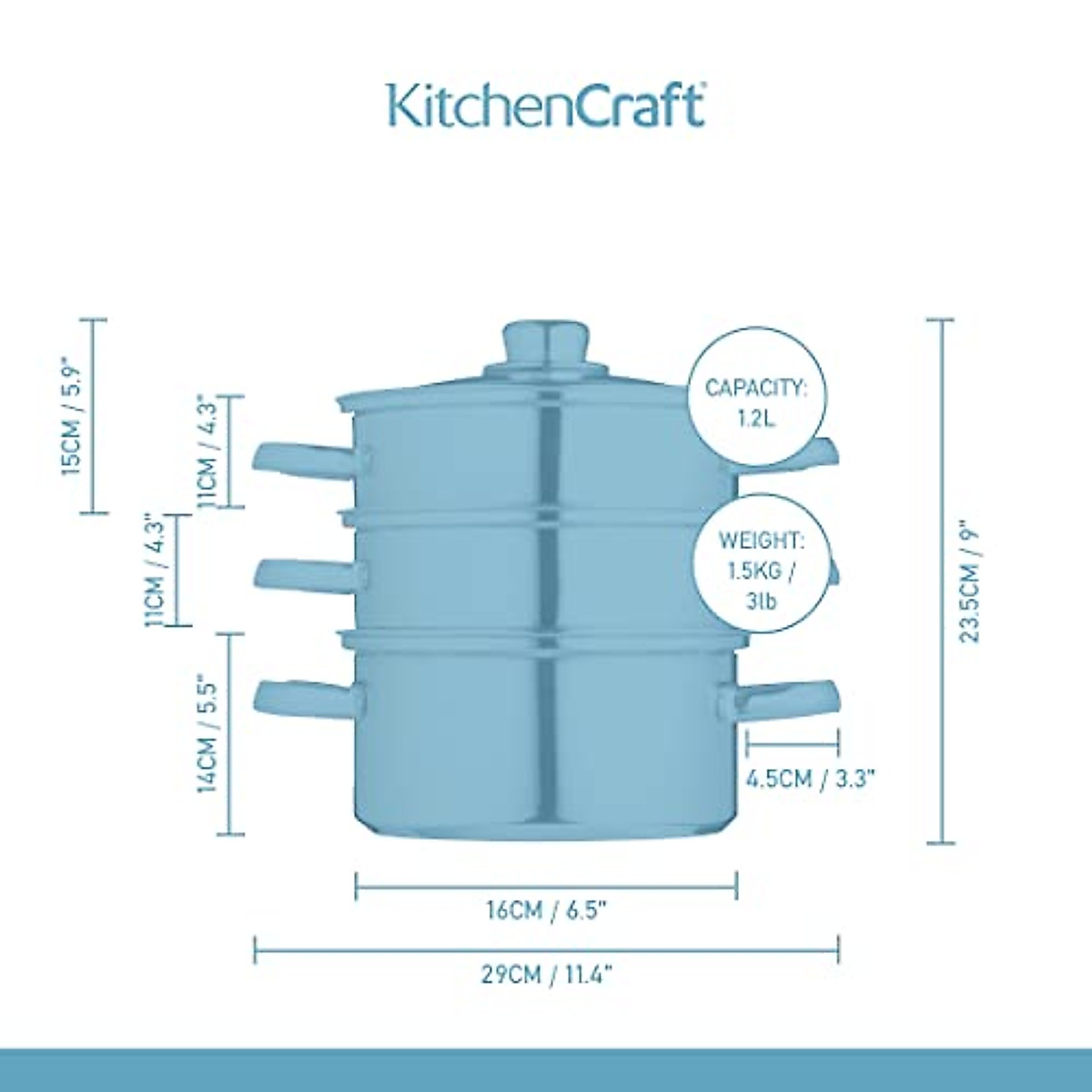KitchenCraft KCCVSTEAM16 3 Tier Food Steamer Pan/Stock Pot in Gift Box, Induction Safe, Stainless Steel, 16 cm