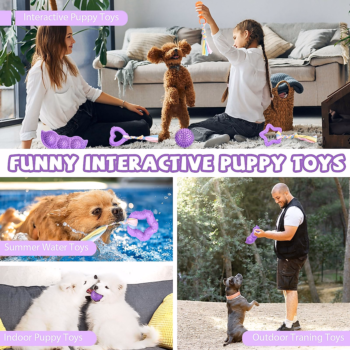 ABRRLO 6 Pack Puppy Teething Toys Cute Small Dog Toys Durable Puppy Chew Toys for Teething Essentials Purple Soft Rubber Small Breed Dog Squeaky Toys Balls for Puppies Interactive Doggy Chews Toys Set