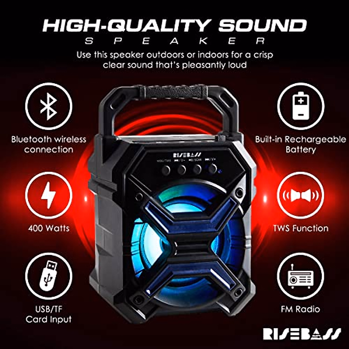 Portable Wireless Bluetooth Speaker for iPhone, Android, iPod and More - Rechargeable Bluetooth Speaker for Kids & Adults - Mini Speaker with Party Lights, for Hiking, Camping, Picnic and Boating.
