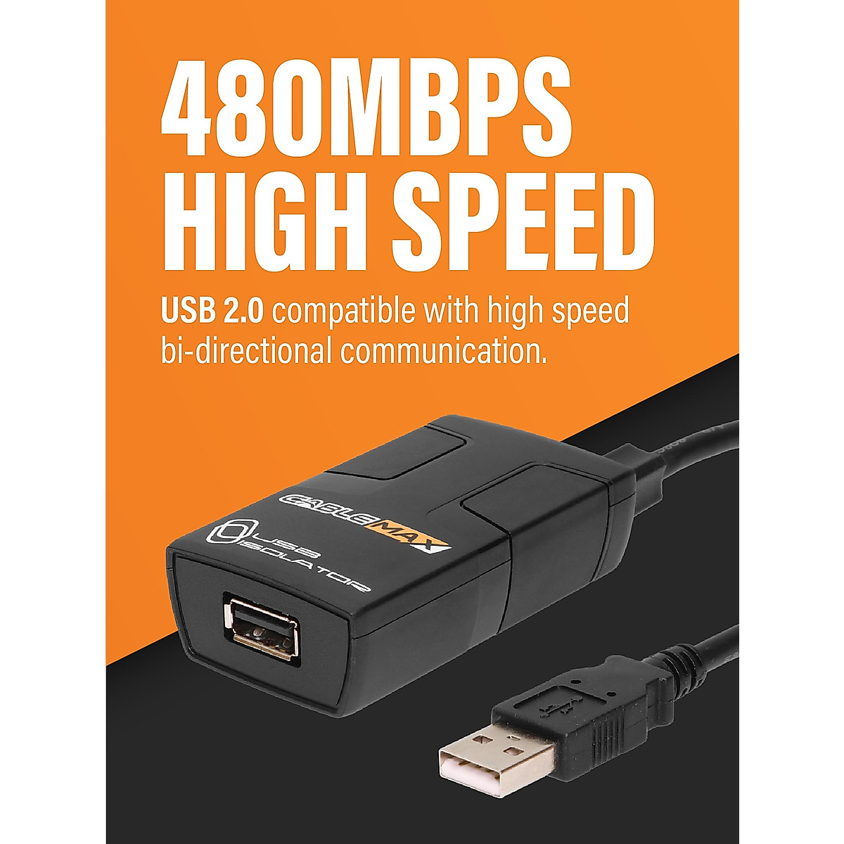 Cablemax USB 2.0 Isolator - Hi-Speed 480Mbps, Surge Protection, No Drivers Needed - Plug & Protect Your Investment