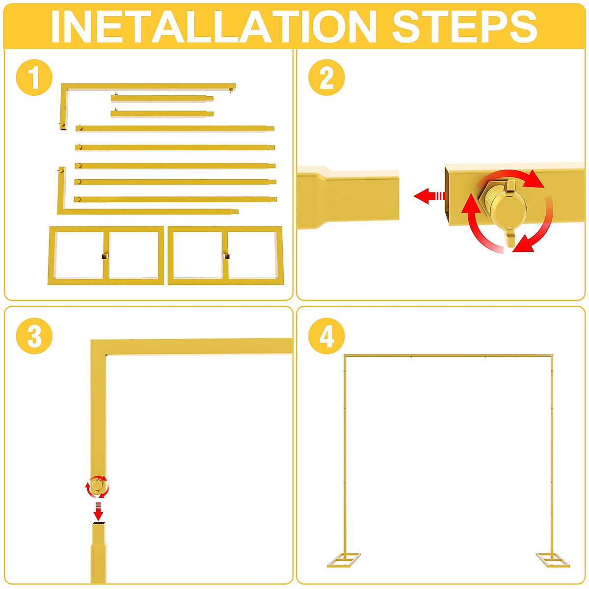 Backdrop Stand Heavy Duty 8x8 FT Pipe and Drape Backdrop Kit Gold Adjustable Square Metal Arch Stand Frame for Parties Wedding Photo Booth Background Decoration