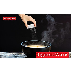 SIGNORAWARE Salt and Pepper Shakers Moisture Proof Set of 2 Small Mini Salt Shaker to go Camping Picnic Outdoors Kitchen Lunch Boxes Travel Spice set Clear with Black Covers Plastic Airtight Dispenser