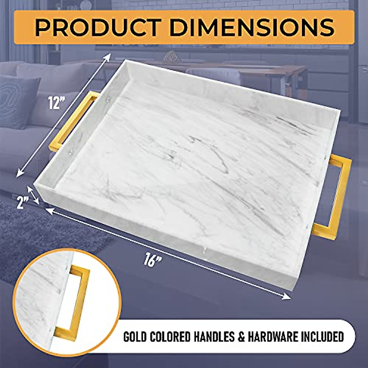 Acrylic Serving Tray with Gold Handles, 16" x 12" Decorative Trays for Coffee Table, Spill Proof Food and Drinks Server, Ottoman Tray for Countertop, Kitchen, Vanity, Serving Party Platter (Marble)