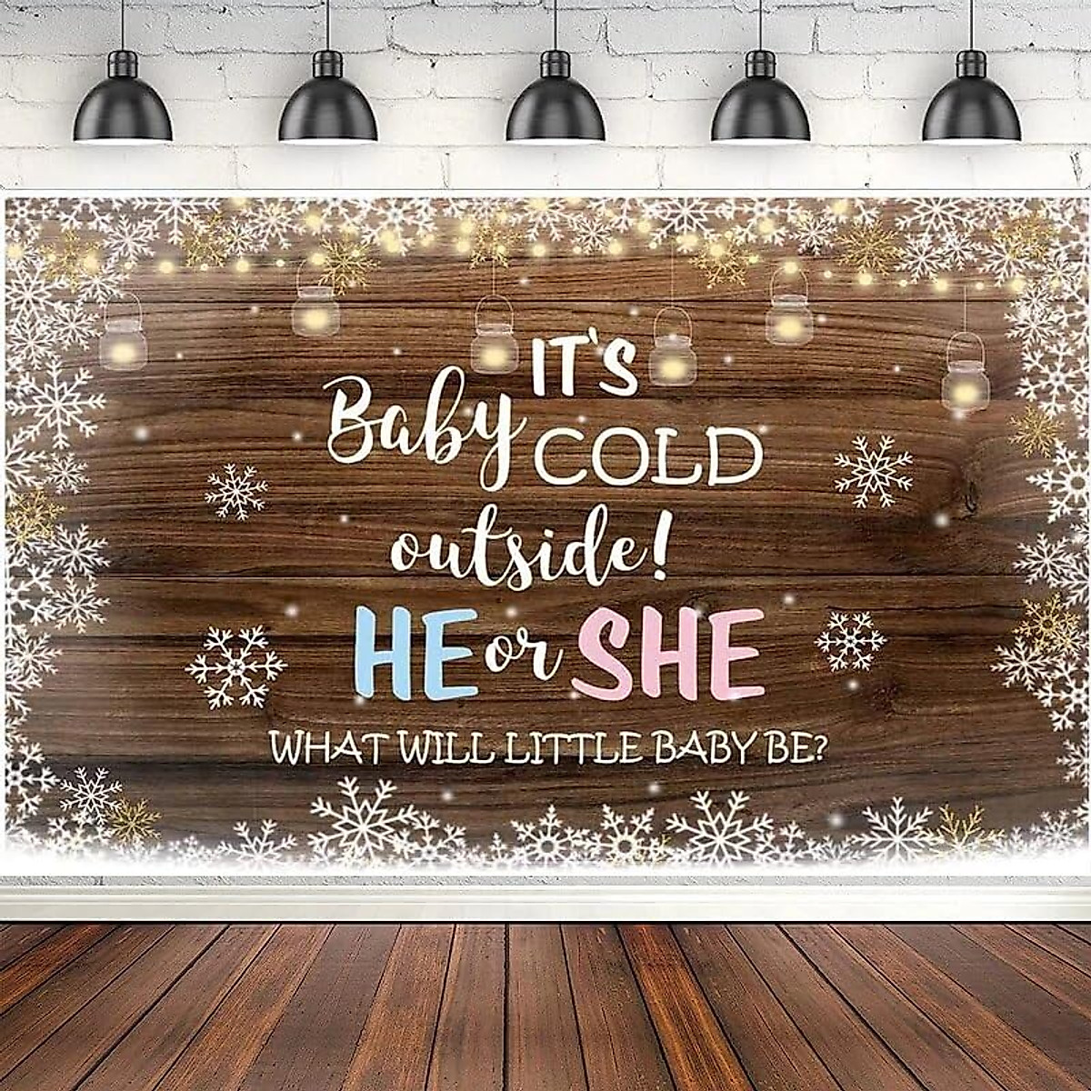 Wooden Gender Reveal Party Photography Backdrop It's Cold Outside He or She Baby Shower Background Winter Snowflake Banner 240x180