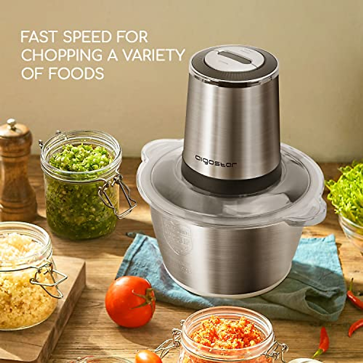 Aigostar 8-Cup Food Processor, Electric Food Chopper with 1.8L Stainless Steel Bowl for Garlic, Meat, Vegetables, Fruits and Nuts, Onion Chopper for Dicing, Mincing, and Puree, 300W(1)