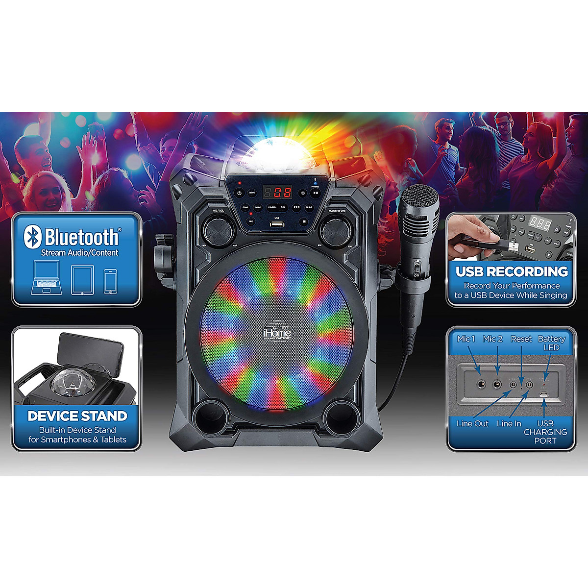 iHome Karaoke Machine with Bluetooth Speaker and Wired Microphone Designed for Kids and Adults, Includes USB Recording Feature and Party Lights